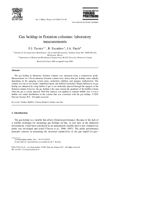 (PDF) Gas holdup in flotation columns: laboratory measurements