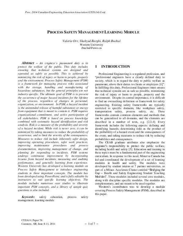 (PDF) Process Safety Management Learning Module