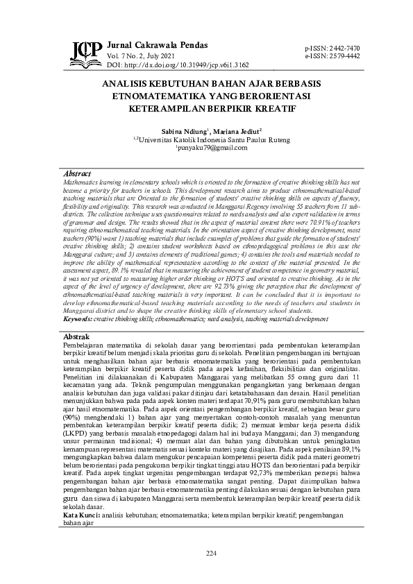 (PDF) Analisis Kebutuhan Bahan Ajar Berbasis Etnomatematika Yang Berorientasi Keterampilan ...