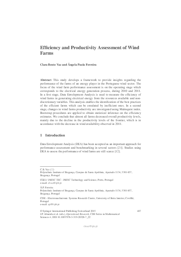 (PDF) Efficiency and Productivity Assessment of Wind Farms