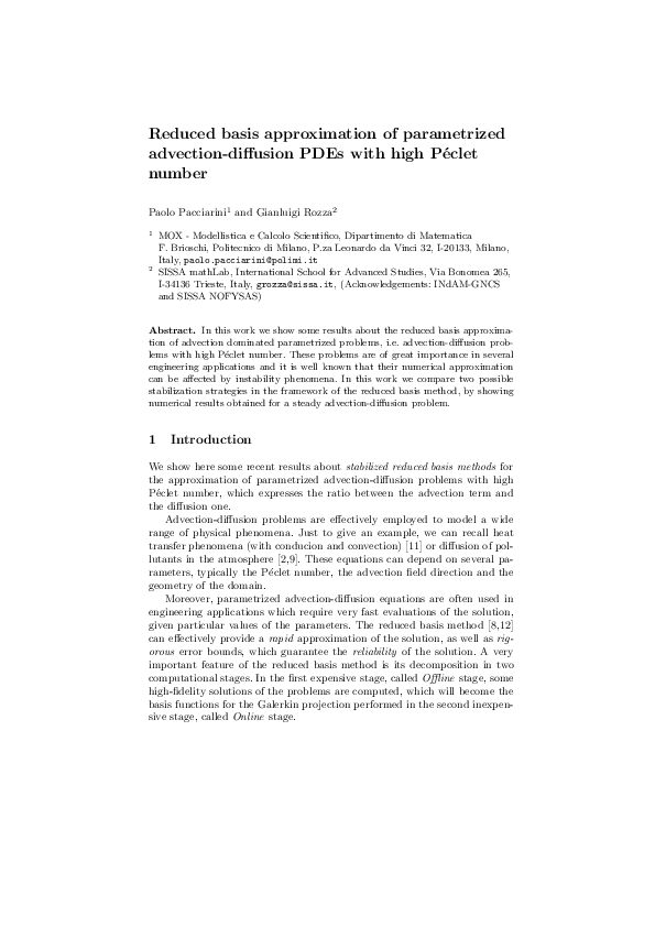 Pdf Reduced Basis Approximation Of Parametrized Advection Diffusion