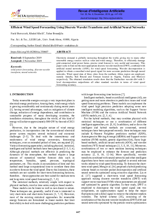 Pdf Efficient Wind Speed Forecasting Using Discrete Wavelet Transform