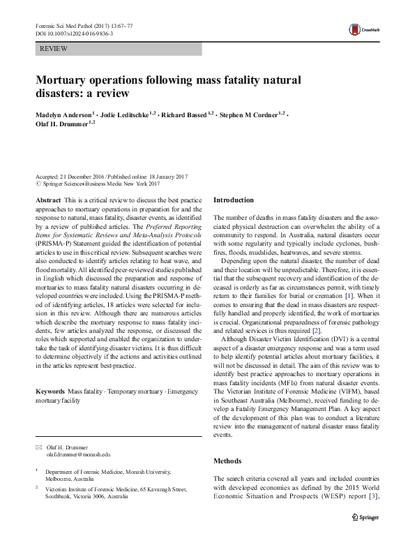 (PDF) Mortuary operations following mass fatality natural disasters: a ...