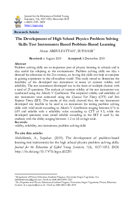 (PDF) The Development of Problem-Based Learning Test Instruments for ...