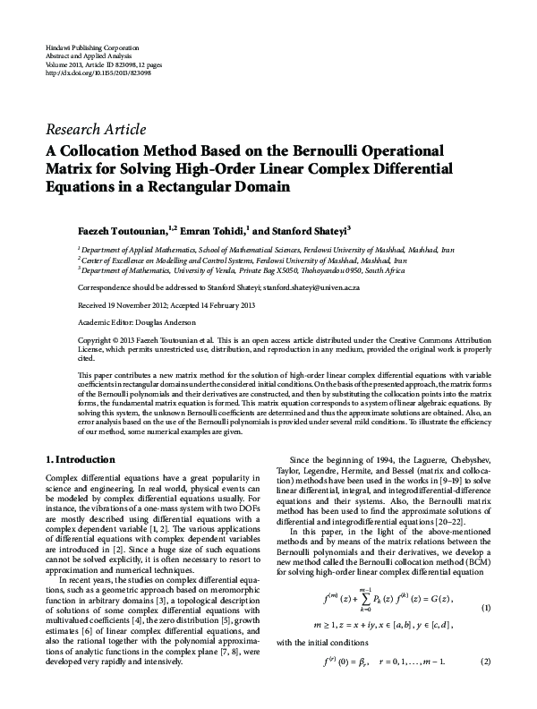 Pdf A Collocation Method Based On The Bernoulli Operational Matrix