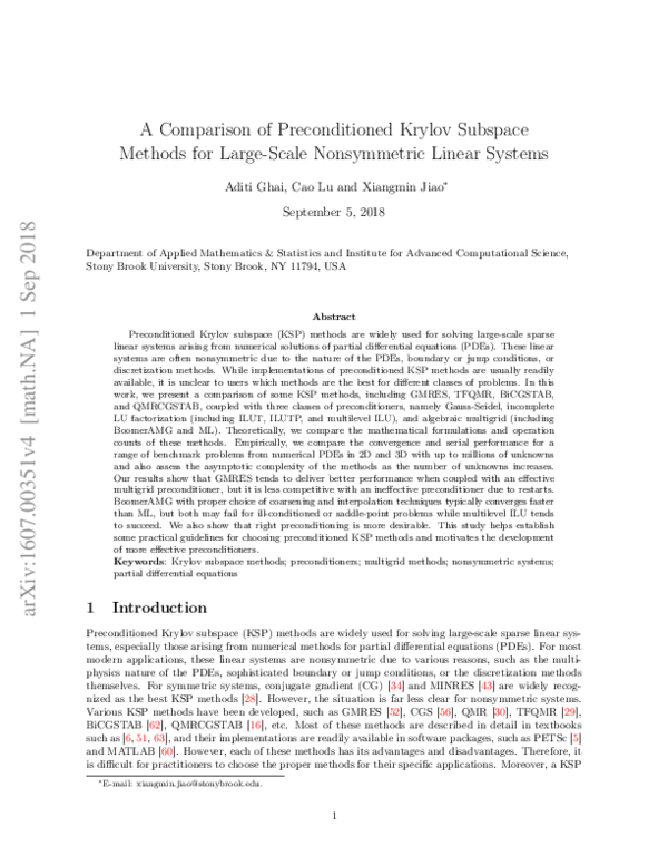 Pdf A Comparison Of Preconditioned Krylov Subspace Methods For Large‐scale Nonsymmetric Linear