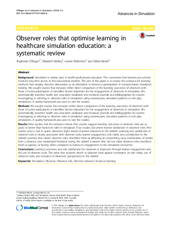 (PDF) Observer roles that optimise learning in healthcare simulation ...