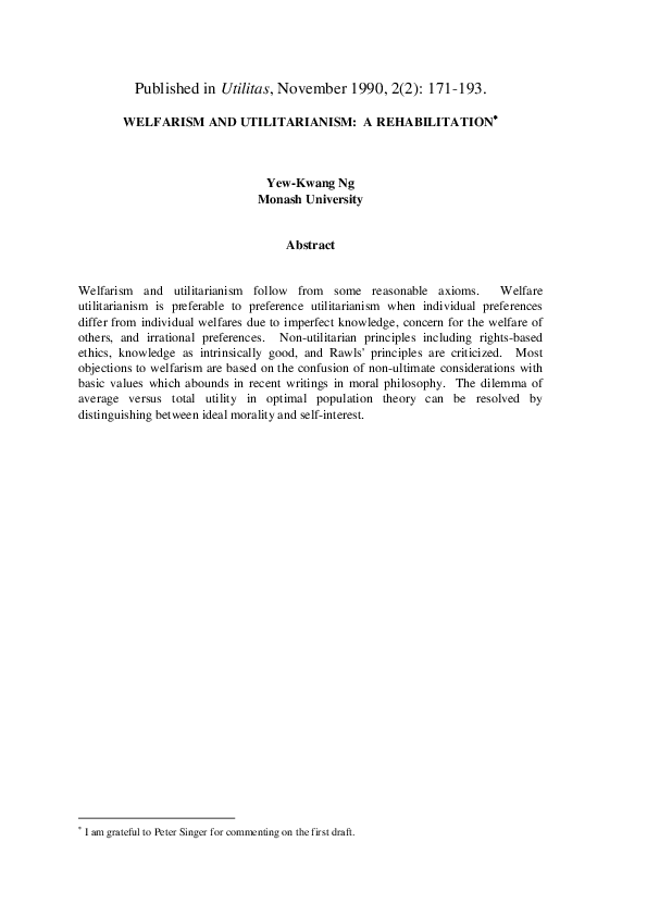 (PDF) Welfarism and Utilitarianism: A Rehabilitation