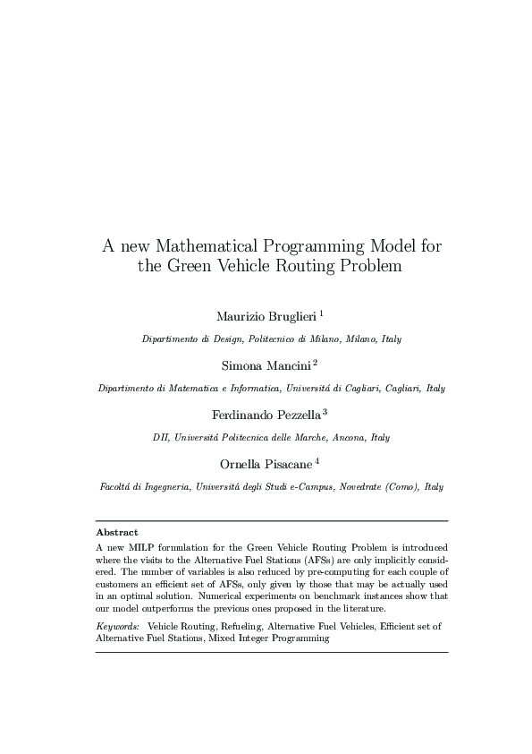 Pdf A New Mathematical Programming Model For The Green Vehicle Routing Problem