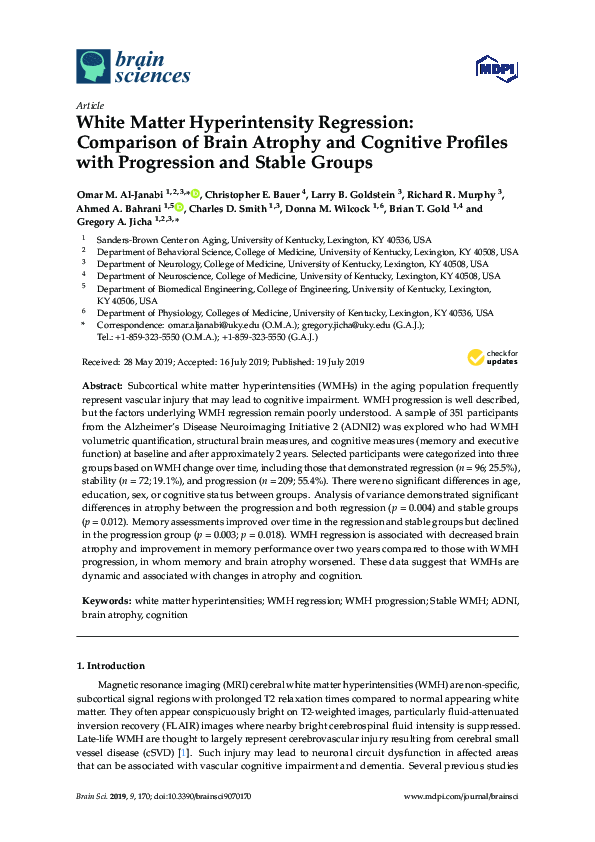 (PDF) White Matter Hyperintensity Regression: Comparison of Brain Atrophy and Cognitive Profiles ...