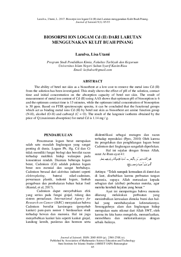 (PDF) BIOSORPSI ION LOGAM Cd (II) DARI LARUTAN MENGGUNAKAN KULIT BUAH ...