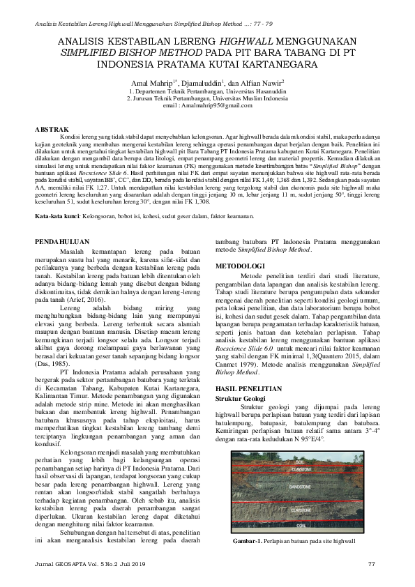 (PDF) Analisis Kestabilan Lereng Menggunakan Simplified Bishop Method Pada Pit Bara Tabang DI PT ...