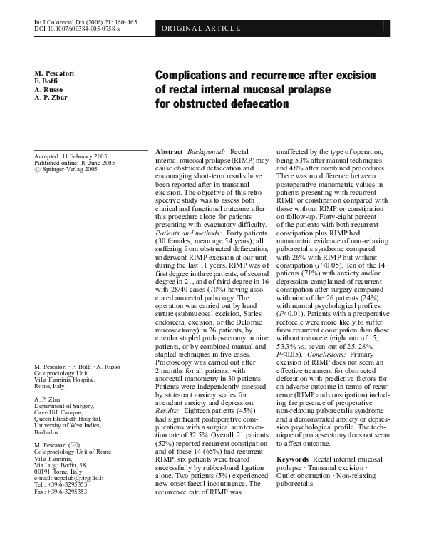 (PDF) Complications and recurrence after excision of rectal internal ...