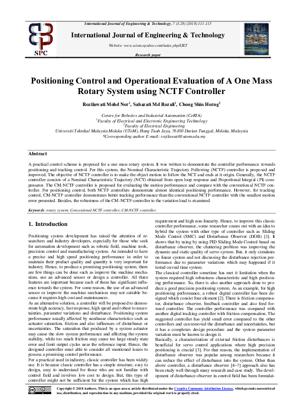 (PDF) Positioning Control and Operational Evaluation of A One Mass Rotary System using NCTF ...