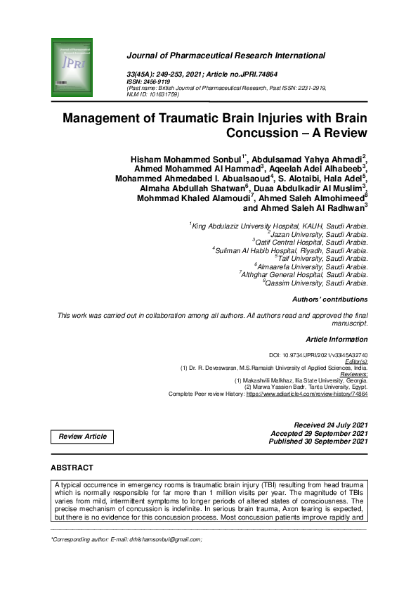 (PDF) Management of Traumatic Brain Injuries with Brain Concussion – A ...