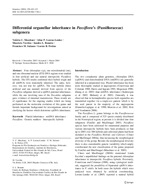 (PDF) Differential organellar inheritance in Passiflora’s ...
