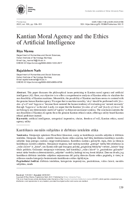 (PDF) Kantian Moral Agency and the Ethics of Artificial Intelligence