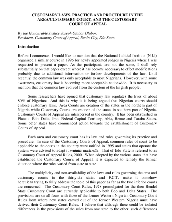 (PDF) CUSTOMARY LAWS, PRACTICE AND PROCEDURE IN THE AREA/CUSTOMARY ...