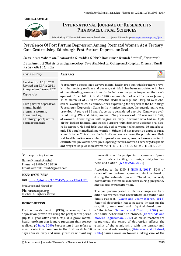 (PDF) Prevalence Of Post Partum Depression Among Postnatal Women At A ...