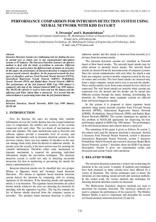 Pdf Performance Comparison For Intrusion Detection System Using Neural Network With Kdd Dataset