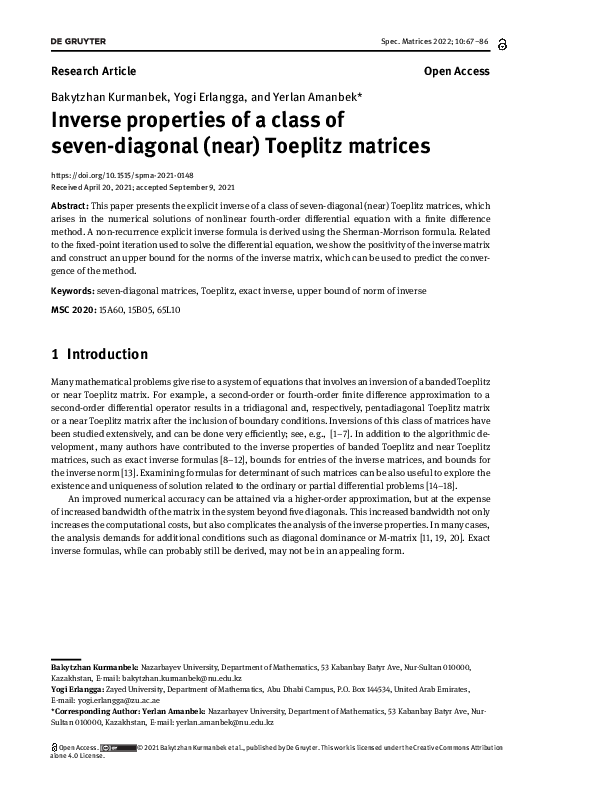 (PDF) Inverse properties of a class of seven-diagonal (near) Toeplitz matrices | Bakytzhan ...