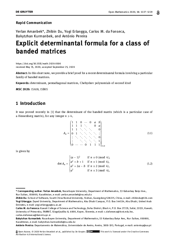(PDF) Explicit determinantal formula for a class of banded matrices