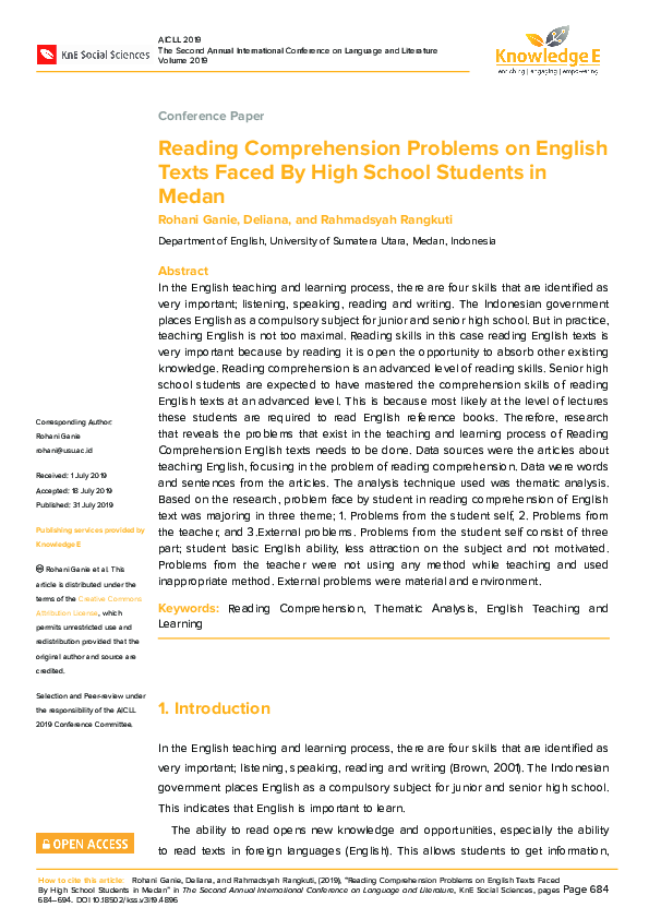 (PDF) Reading Comprehension Problems on English Texts Faced By High ...