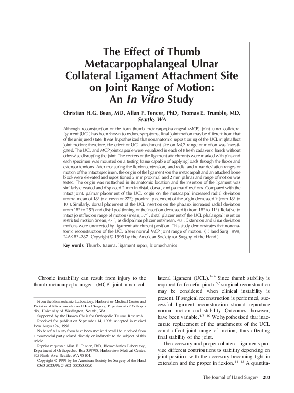 (PDF) The Effect of Thumb Metacarpophalangeal Ulnar Collateral Ligament ...