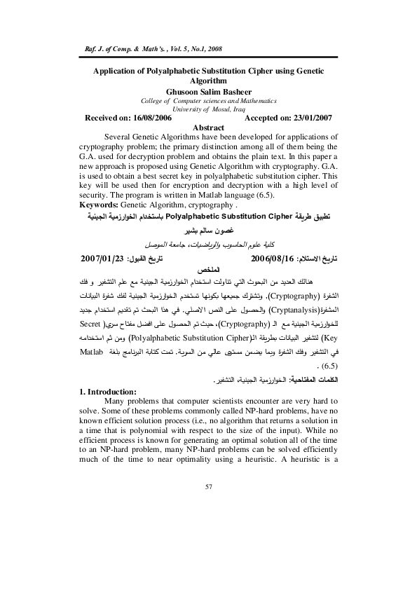 Pdf Application Of Polyalphabetic Substitution Cipher Using Genetic Algorithm