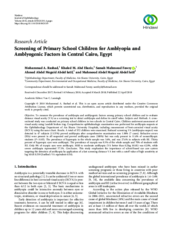 (PDF) Screening of Primary School Children for Amblyopia and ...