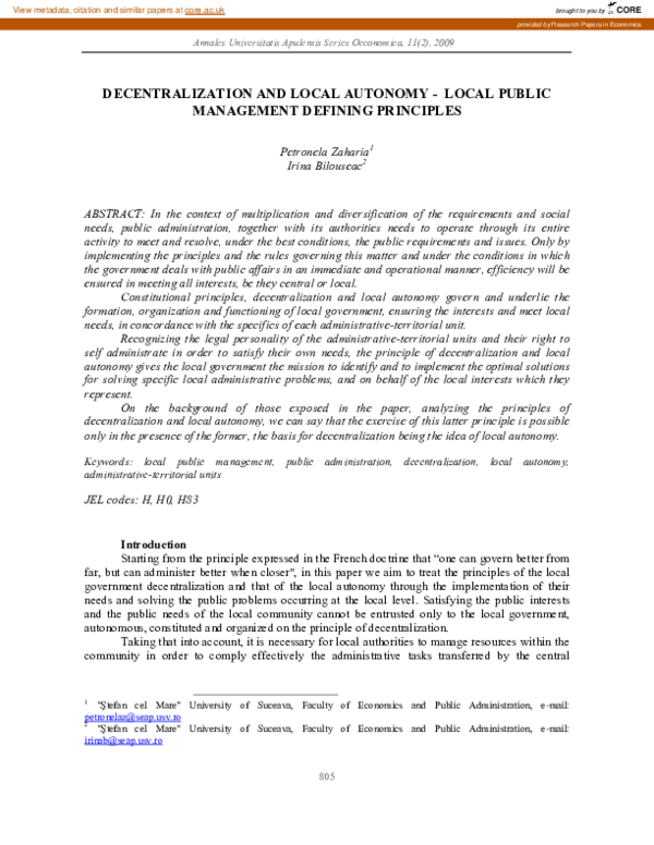 (PDF) DECENTRALIZATION AND LOCAL AUTONOMY -LOCAL PUBLIC MANAGEMENT DEFINING PRINCIPLES