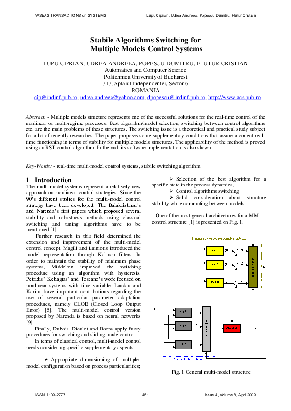 (PDF) Stabile Algorithms Switching for Multiple Models Control Systems