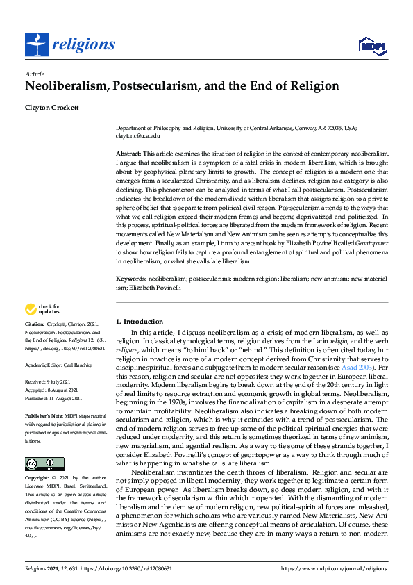 (PDF) Neoliberalism, Postsecularism, and the End of Religion