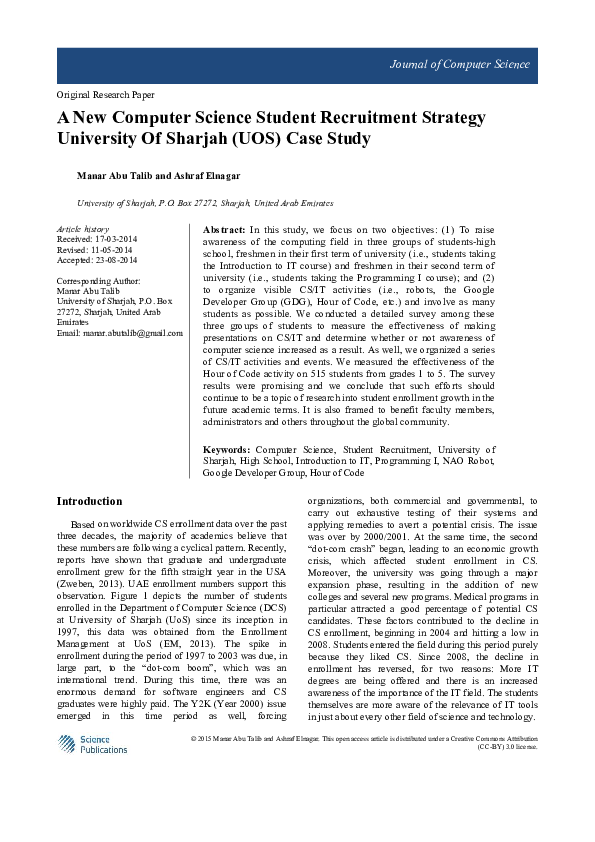 (PDF) A New Computer Science Student Recruitment Strategy University Of ...