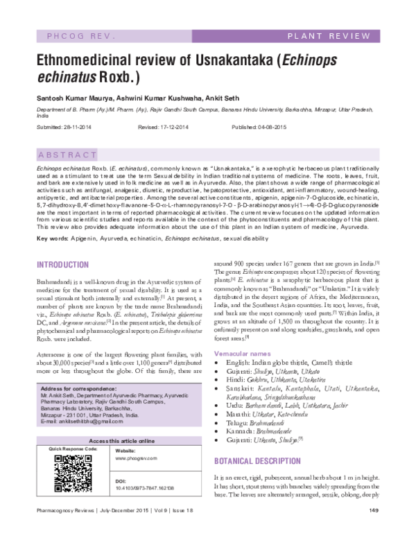 (PDF) Ethnomedicinal review of Usnakantaka (Echinops echinatus Roxb.)