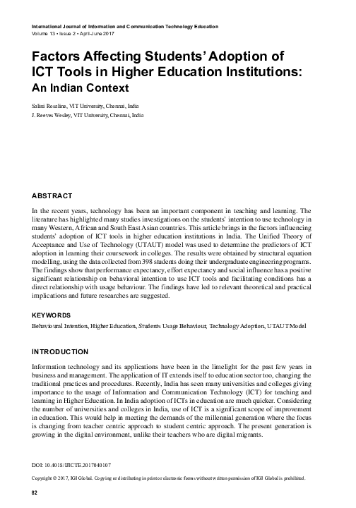 (PDF) Factors Affecting Students' Adoption of ICT Tools in Higher Education Institutions