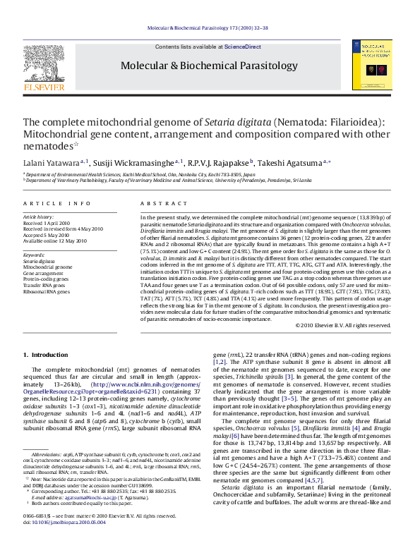 (PDF) The complete mitochondrial genome of Setaria digitata (Nematoda ...
