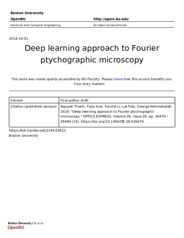 (PDF) Deep learning approach for Fourier ptychography microscopy