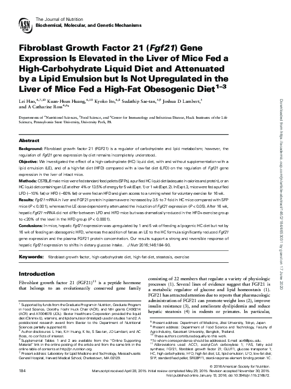 (PDF) Fibroblast Growth Factor 21 (Fgf21) Gene Expression Is Elevated ...