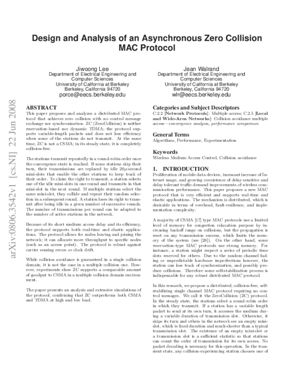 Pdf Design And Analysis Of An Asynchronous Zero Collision Mac Protocol