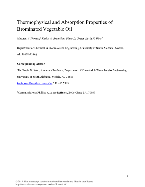 (PDF) Thermophysical and absorption properties of brominated vegetable oil