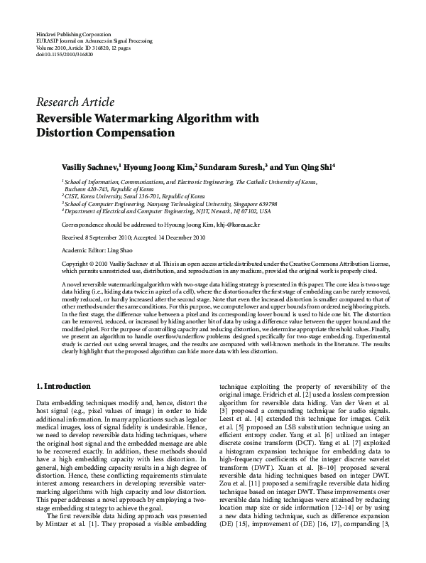 (PDF) Reversible Watermarking Algorithm with Distortion Compensation