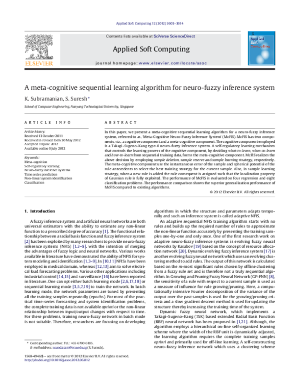 Pdf A Meta Cognitive Sequential Learning Algorithm For Neuro Fuzzy Inference System