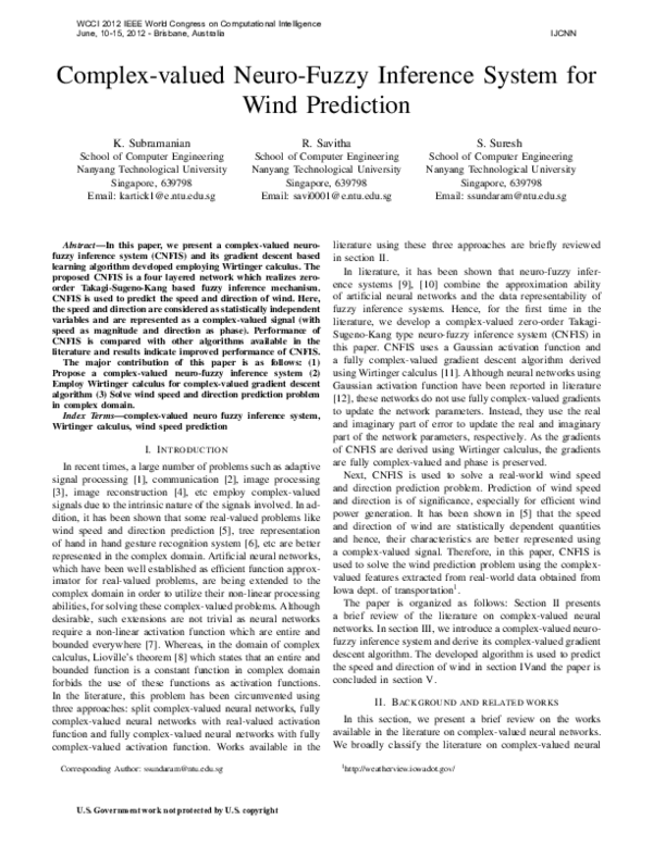 Pdf Complex Valued Neuro Fuzzy Inference System For Wind Prediction