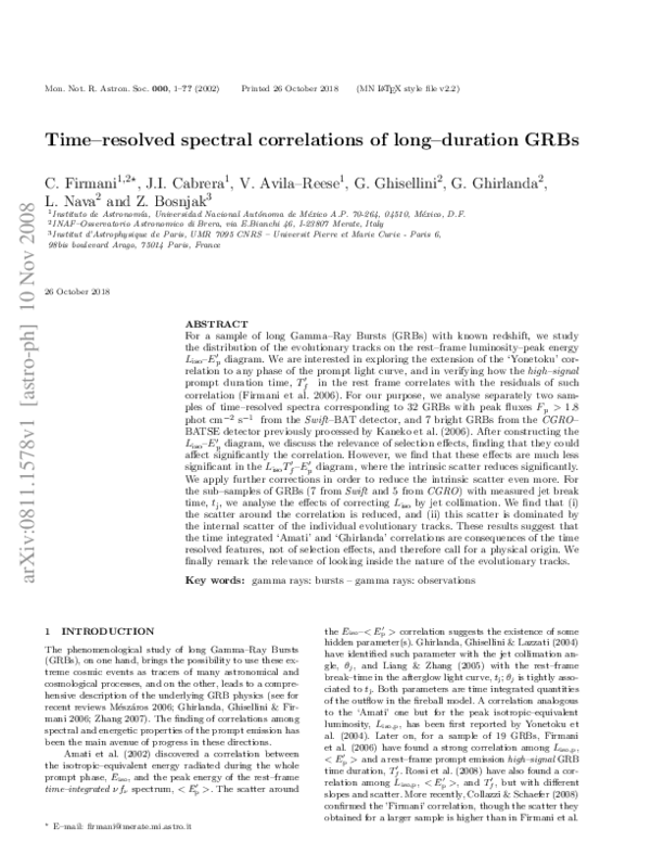 (PDF) Time-resolved spectral correlations of long-duration γ-ray bursts