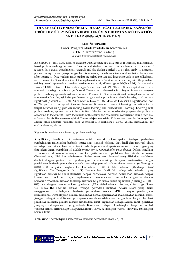 (PDF) The Effectiveness of Mathematical Learning Based on Problem Solving Reviewed from Students ...