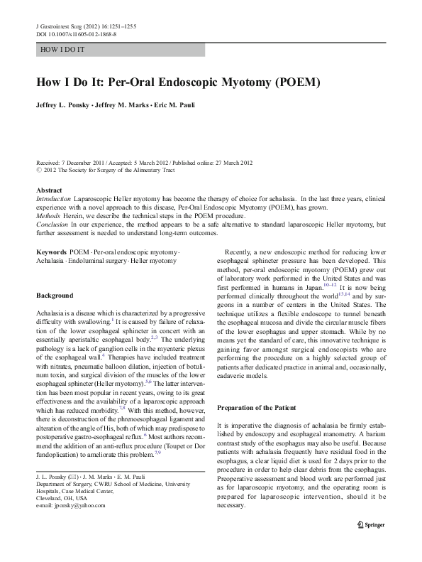 (PDF) How I Do It: Per-Oral Endoscopic Myotomy (POEM)
