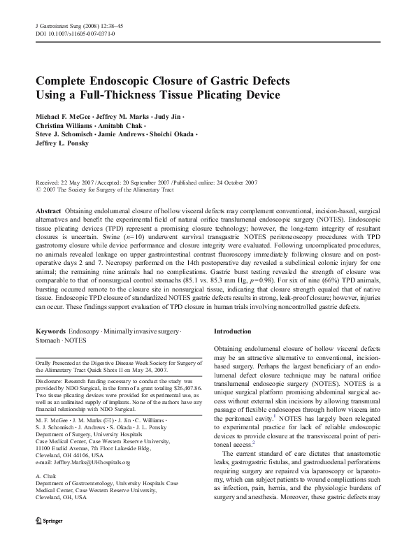 (PDF) Complete Endoscopic Closure of Gastric Defects Using a Full ...