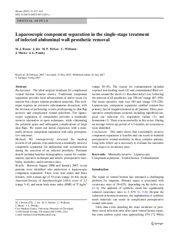 Pdf Laparoscopic Component Separation In The Single Stage Treatment