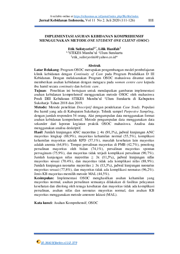 (PDF) Implementasi Asuhan Kebidanan Komprehensif Menggunakan Metode One Student One Client (Osoc)